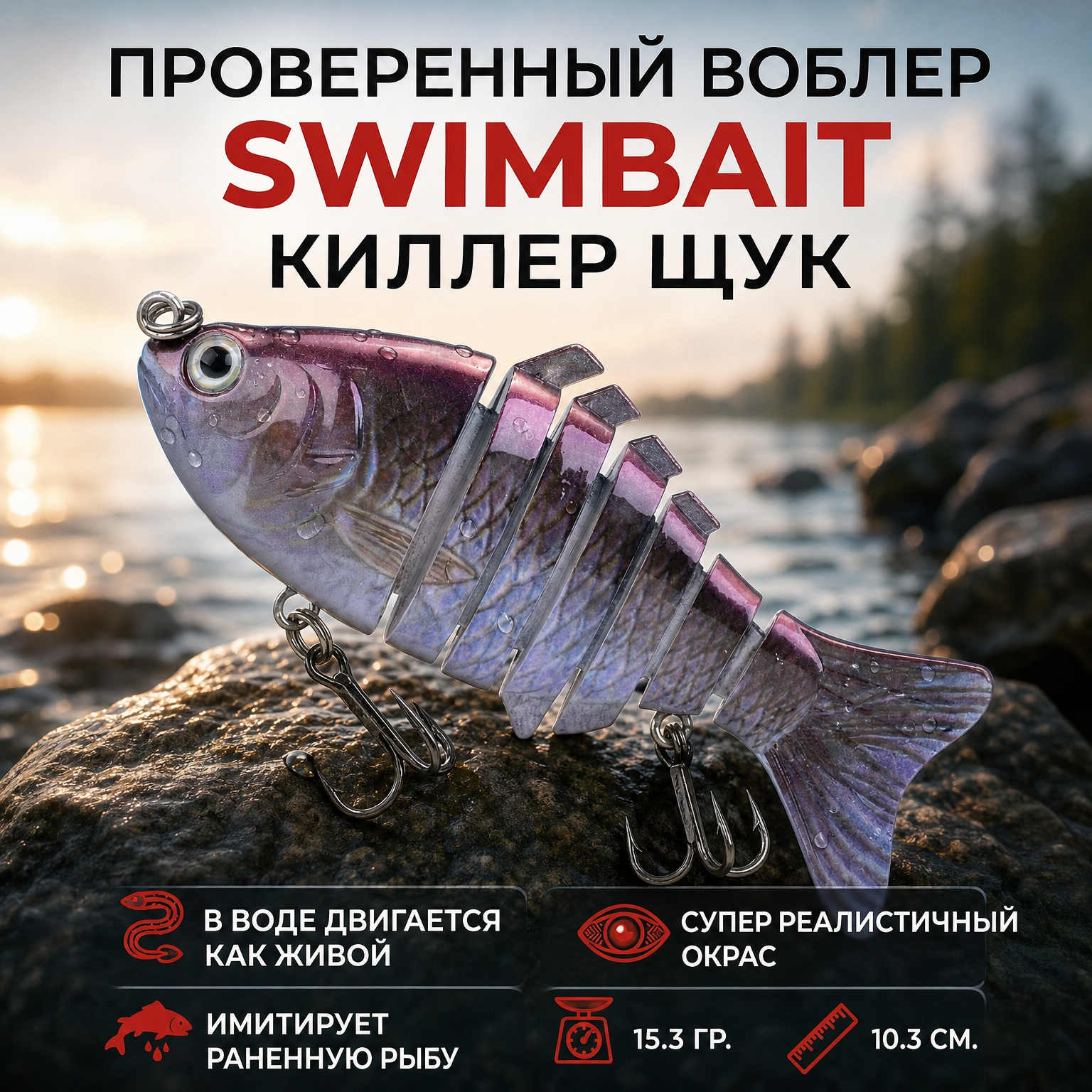 Рыболовный воблер Swimbait Killer для щук, окуня, судака, хищников – тонущий, имитирует раненую рыбу супер реалистичным окрасом, 15,3 г, 10,3 см (Цвет: серебристый)