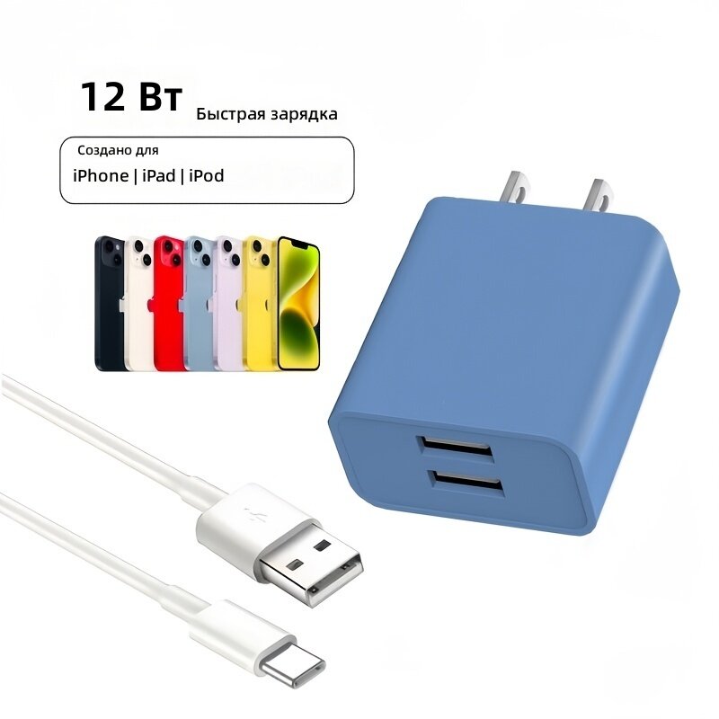 Зарядное устройство USB 12 Вт с двумя портами и кабелем Type-C 1 м, синее, портативное, совместимое с iPhone 15/14/13, iPad Pro, iPod, AirPods