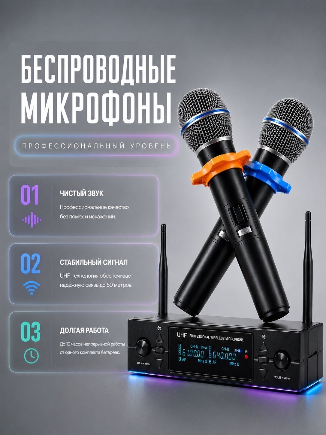 Комплект из 2 беспроводных микрофонов с приёмником, подходит для караоке и мероприятий