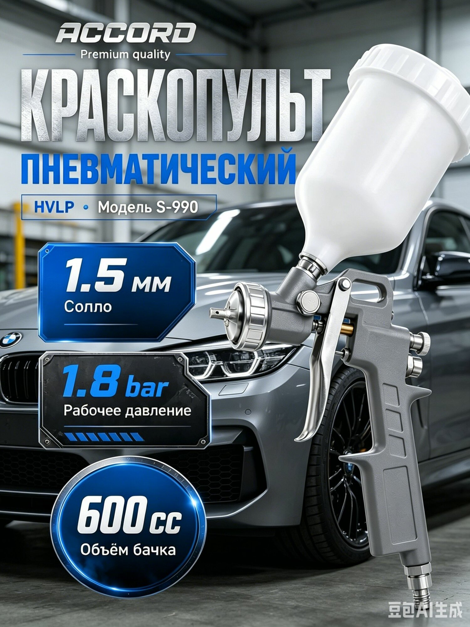 Краскопульт пневматический с верхним бачком 600 мл, краскораспылитель для покраски авто, мебели и кузовного ремонта, сопло 1,5 мм покраска авто кузовной ремонт