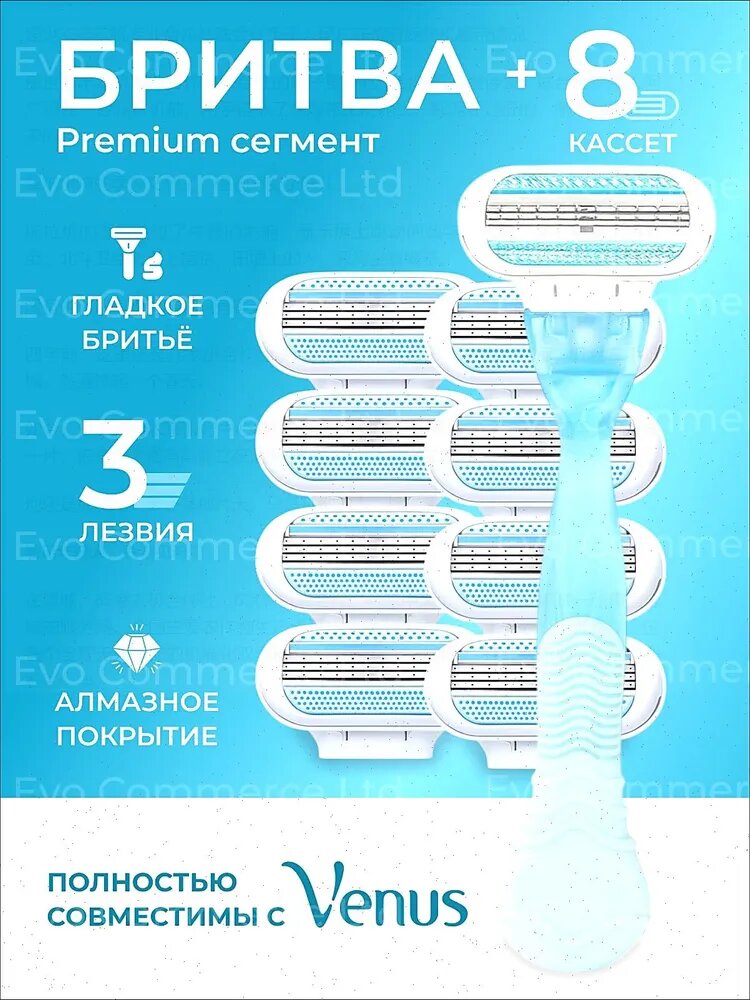 Сменные Кассеты Для Женской Бритвы Венус 8шт с 1 станком