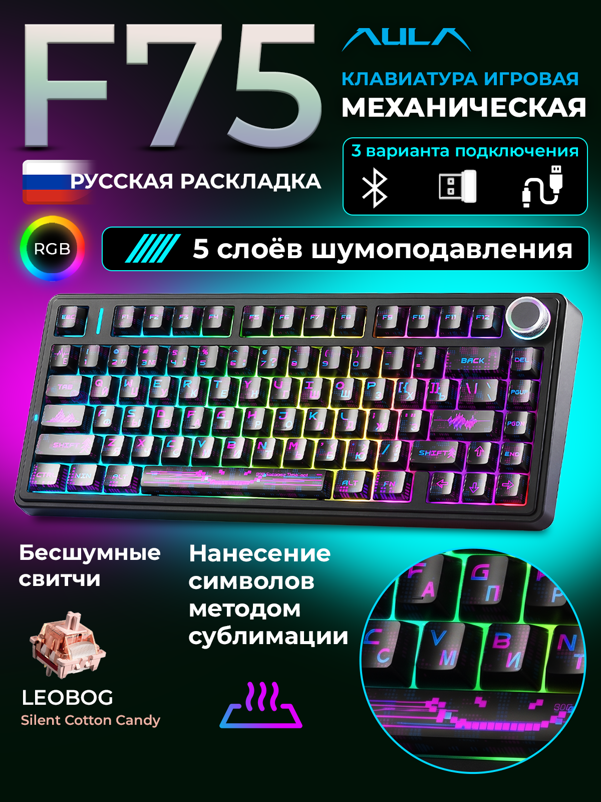 Клавиатура AULA F75 Чёрный Neonight Бесшумные Cotton Candy свитчи РУС, три варианта подключения
