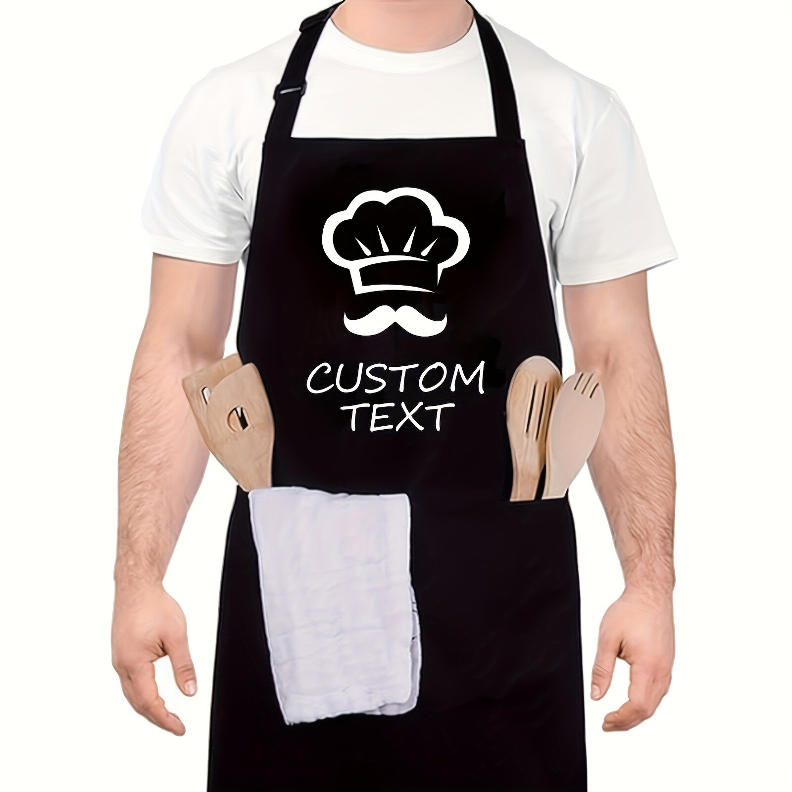 Персонализированный фартук с вашим текстом, стиль Fun Chef Icon, регулируемый, черный полиэстер, поварской, с карманами для кухонных принадлежностей
