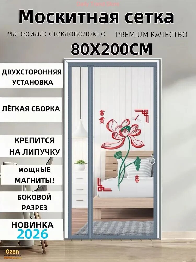 Москитная сетка на дверь на магнитах 80X200см/Боковое отверстие