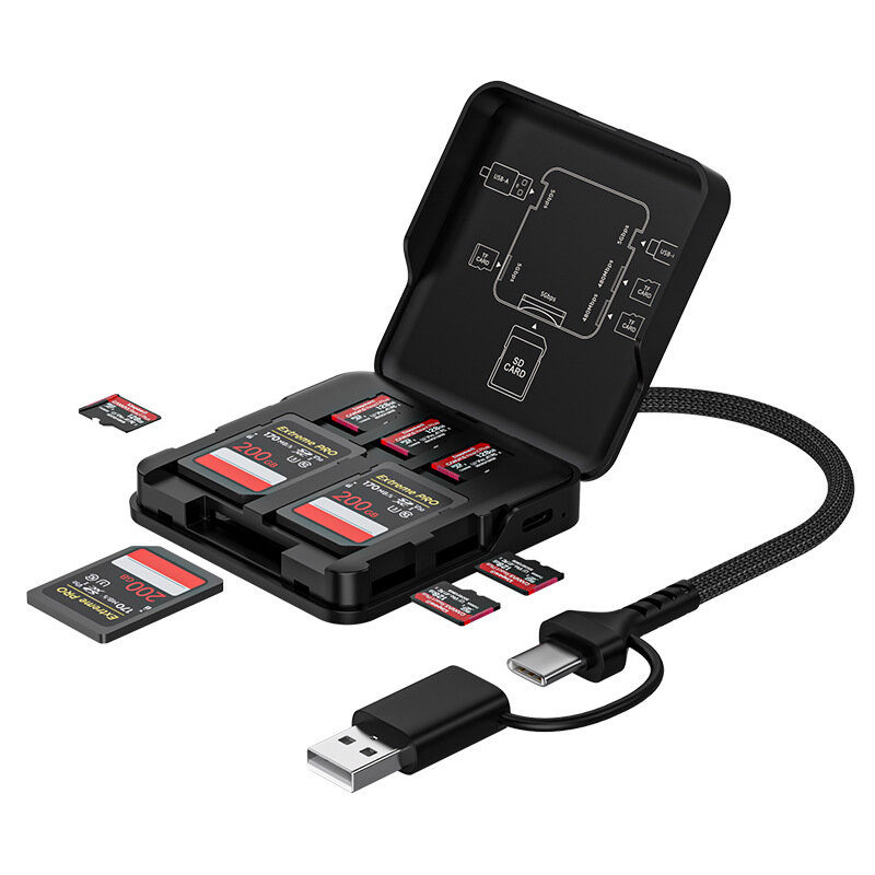 Мультикартридер 6-в-1 USB Type-C и USB к TF, SD, CF, MS, версия 2.0, черный