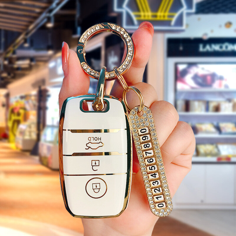 Белый D-стиль кейс для ключа Kia с золотым кольцом, золотым номерным знаком и золотой подвеской совместимый с моделями