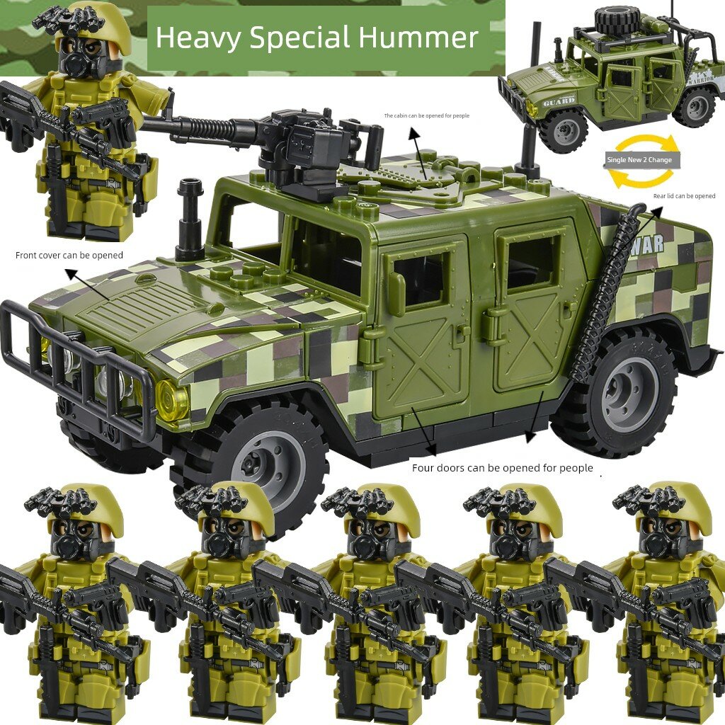 Набор военных минифигурок Второй мировой войны: Зеленый грузовик Hummer с 6 минифигурками, стиль Е для детского