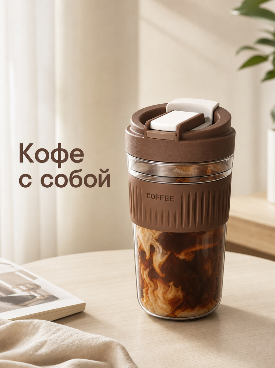 Стеклянный стакан для кофе 550 мл, с крышкой 2-в-1, трубочкой и силиконовым чехлом, 16x7.2 см, коричневый