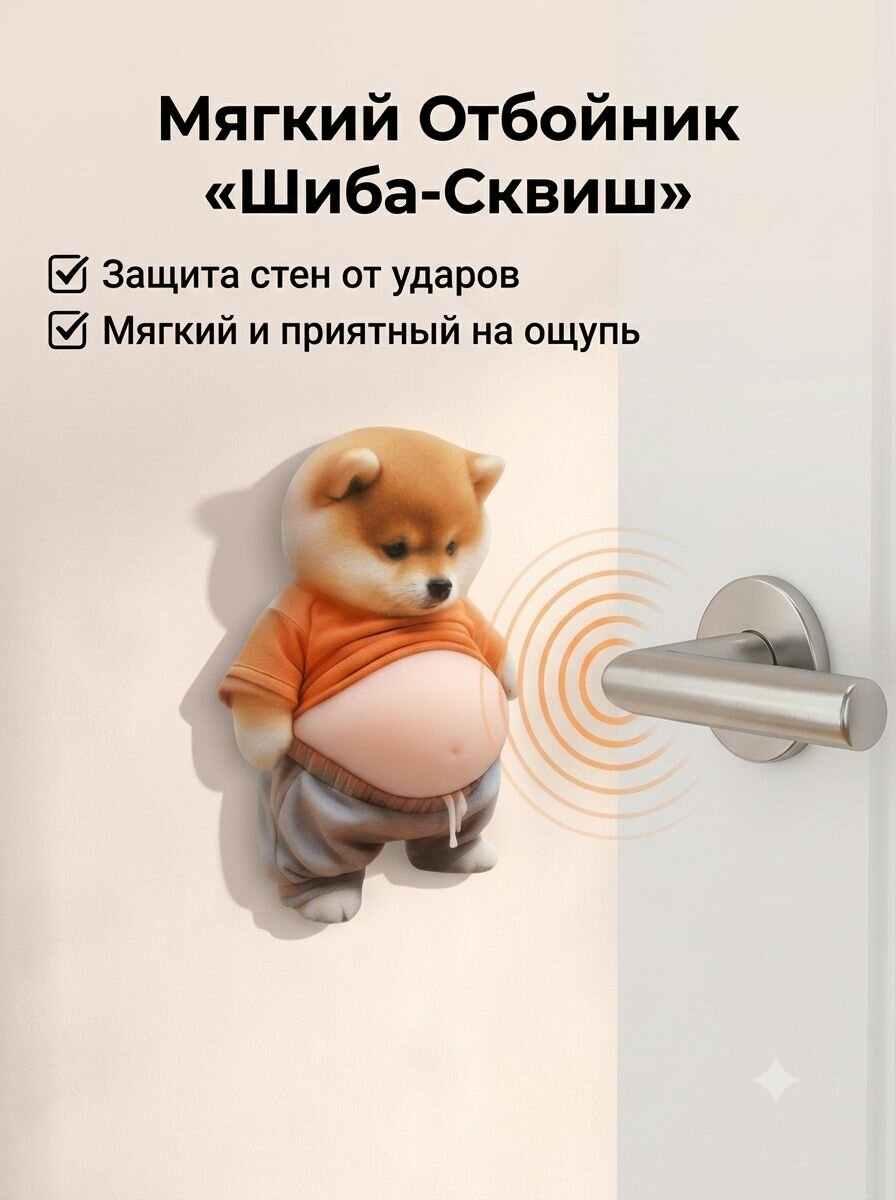Защитный отбойник для дверей Шиба-Сквиш , силикон, 2 шт / Накладка на стену от ударов дверной ручки, антистресс