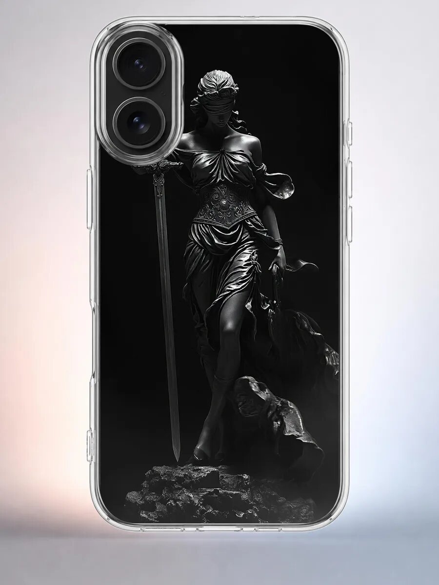 Чехол iPhone 16 Фемида с мечом силиконовый прозрачный
