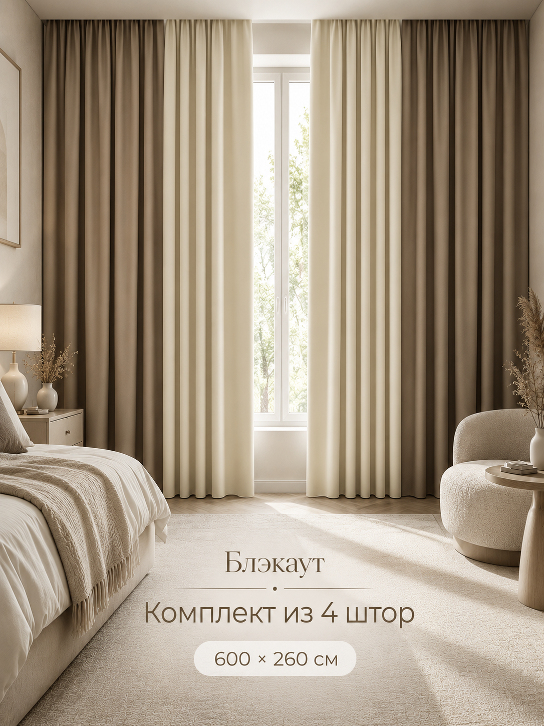 Комплект штор Блэкаут, ширина 600 см, высота 260 см, капучино/сливочный