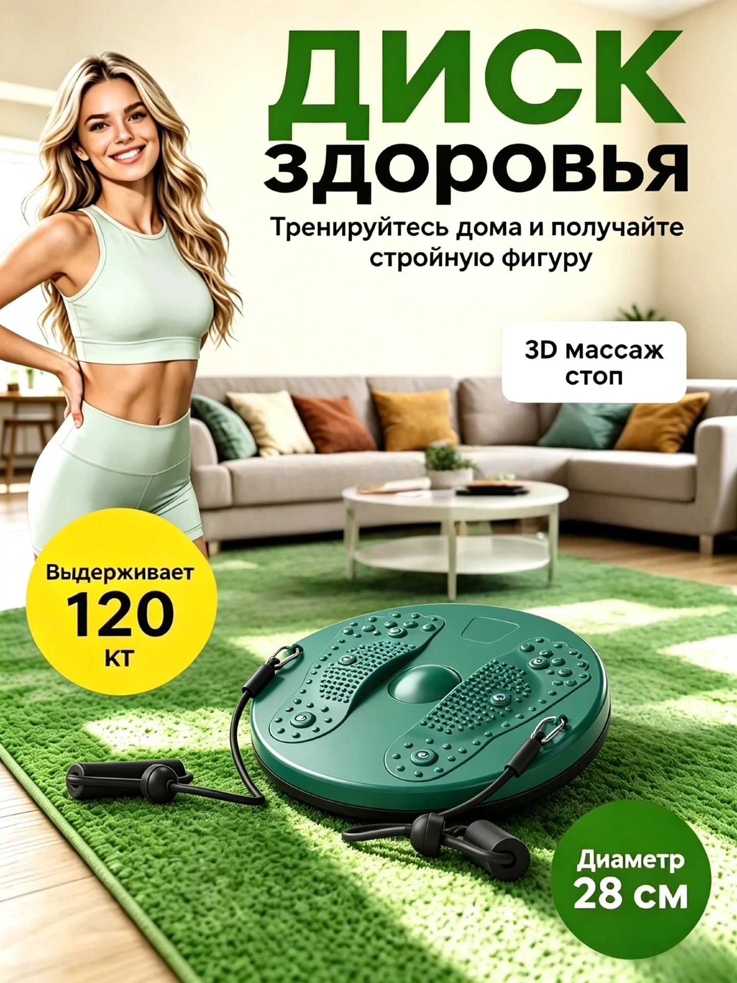 Диск здоровья с эспандерами и массажной платформой, фитнес диск, балансборд