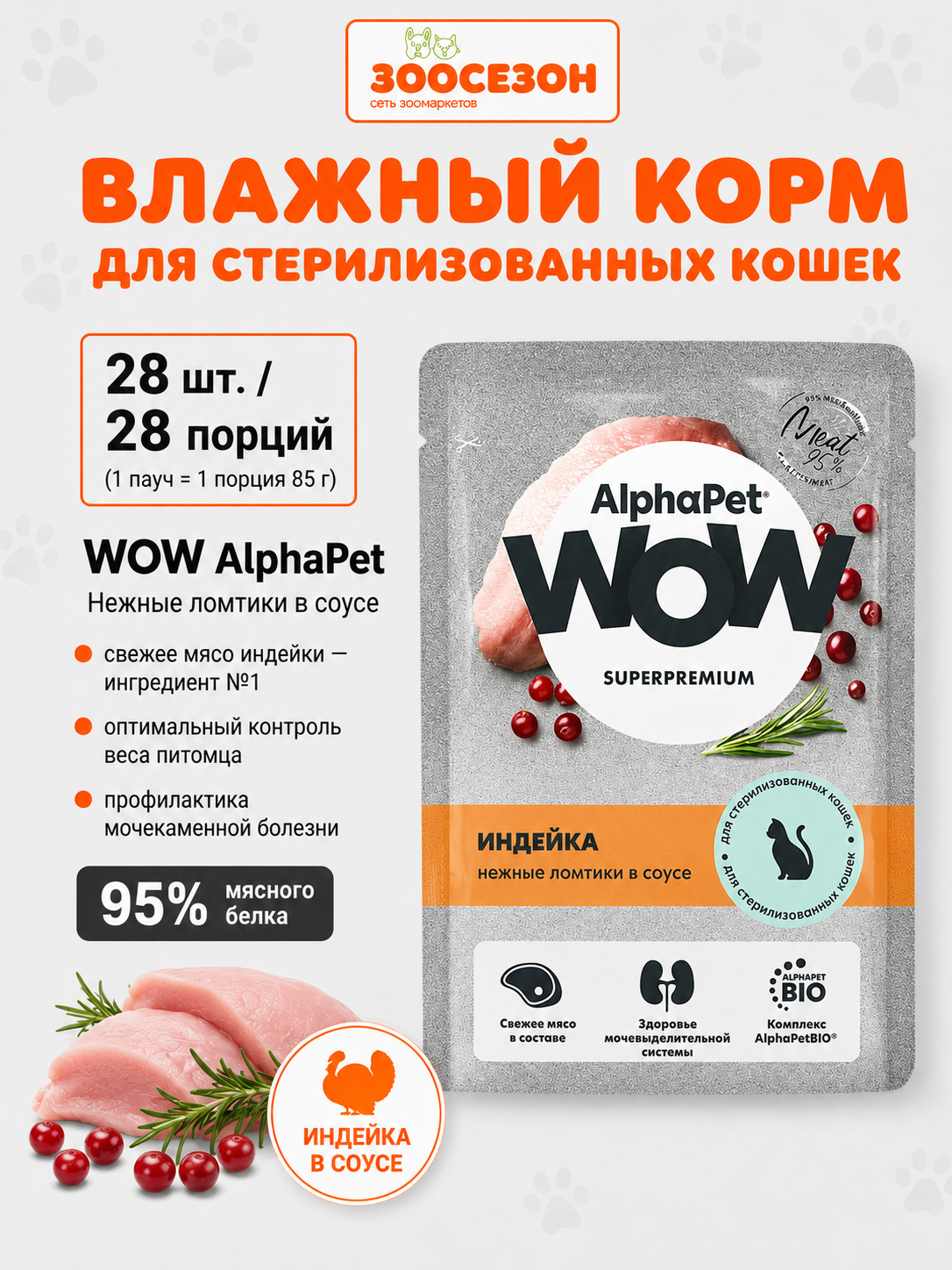 AlphaPet влажный корм для кошек стерилизованных WOW индейка в соусе 28 шт по 85гр