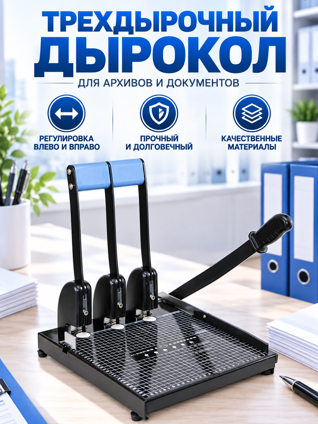 Трехдырочный дырокол с встроенным резаком металлический для офисных документов