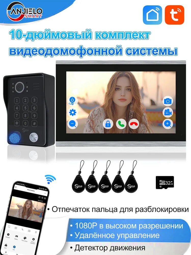 Уличная панель видеодомофона 4-проводная, 2MP камера, отпечаток пальца, пароль, RFID