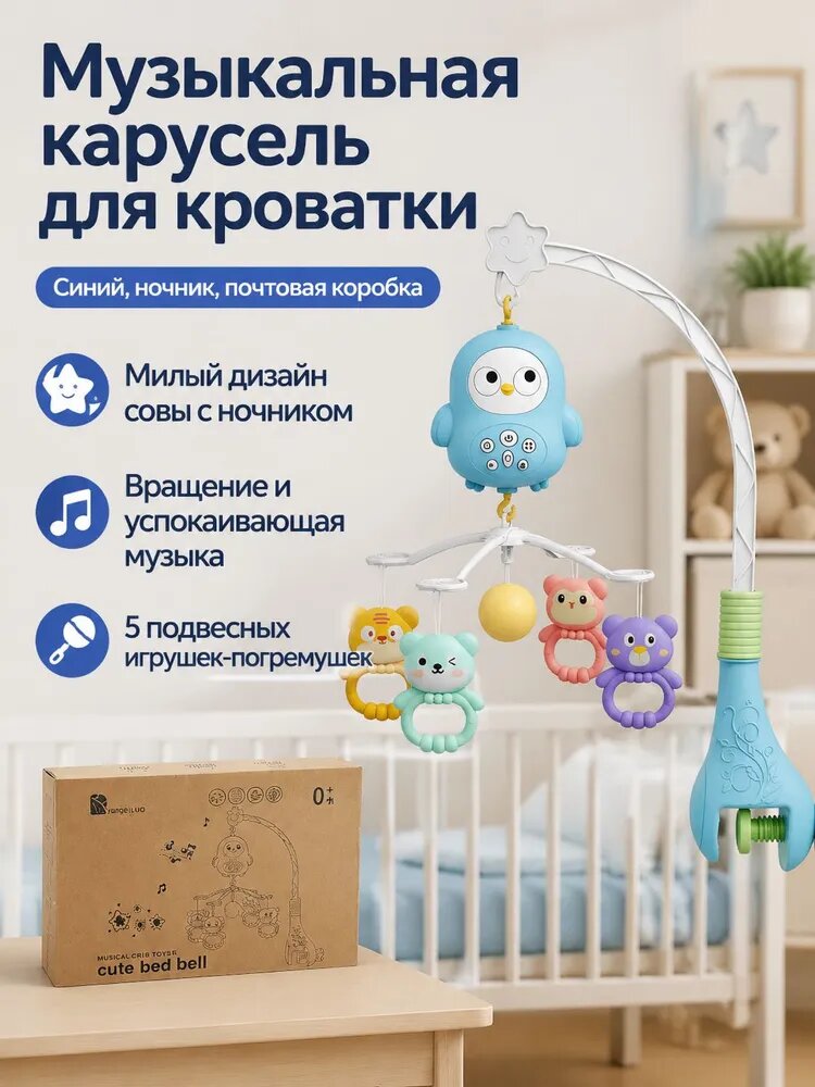 Музыкальный мобиль для кроватки с ночником и проекцией, 5 игрушек, электронный, синий