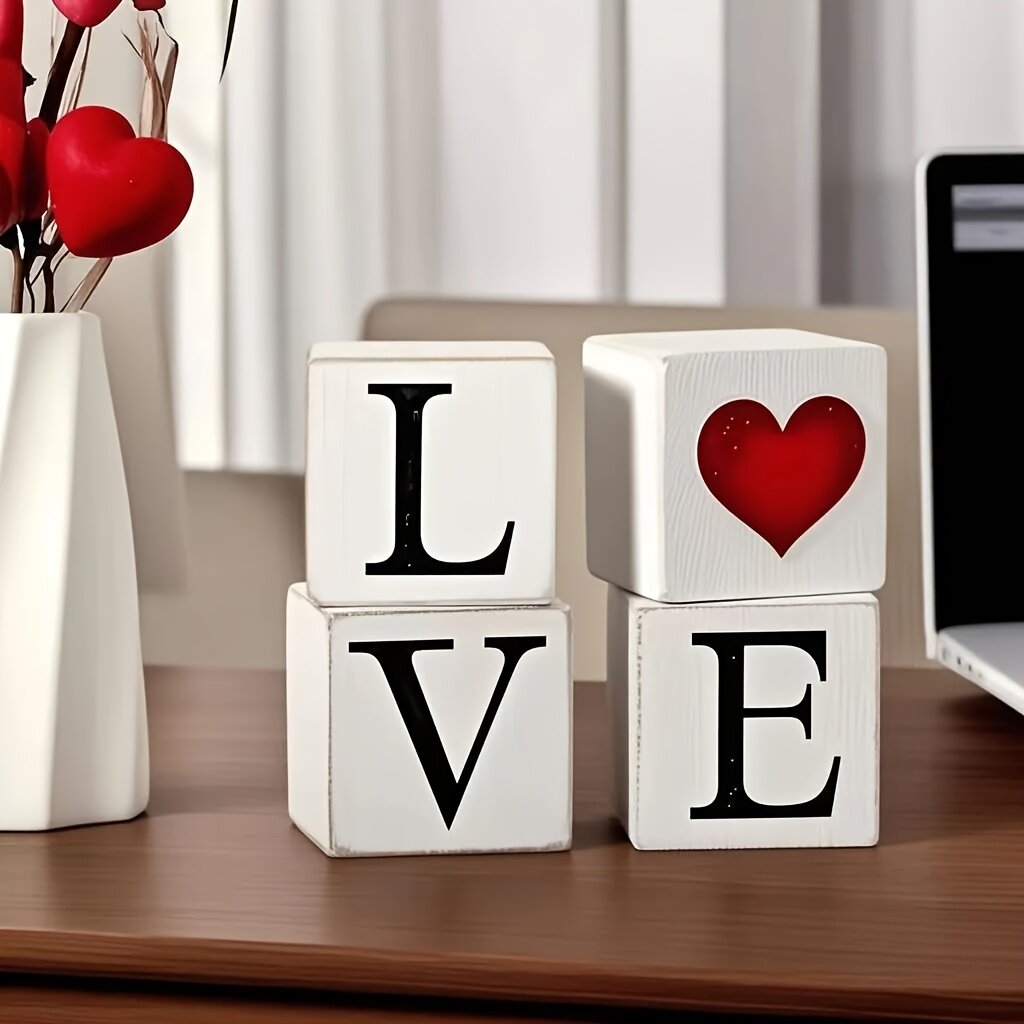 Квадратные деревянные украшения с надписью Love Letter, комплект из 4 шт, размер 1,18×1,18 дюйма, двусторонний настольный декор для дома и офиса к праздникам