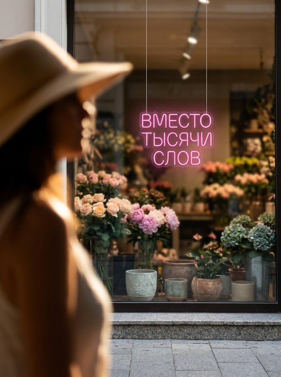 Неоновая вывеска "Вместо тысячи слов" 70х50см, неоновая надпись, LED светильник для цветочного магазина