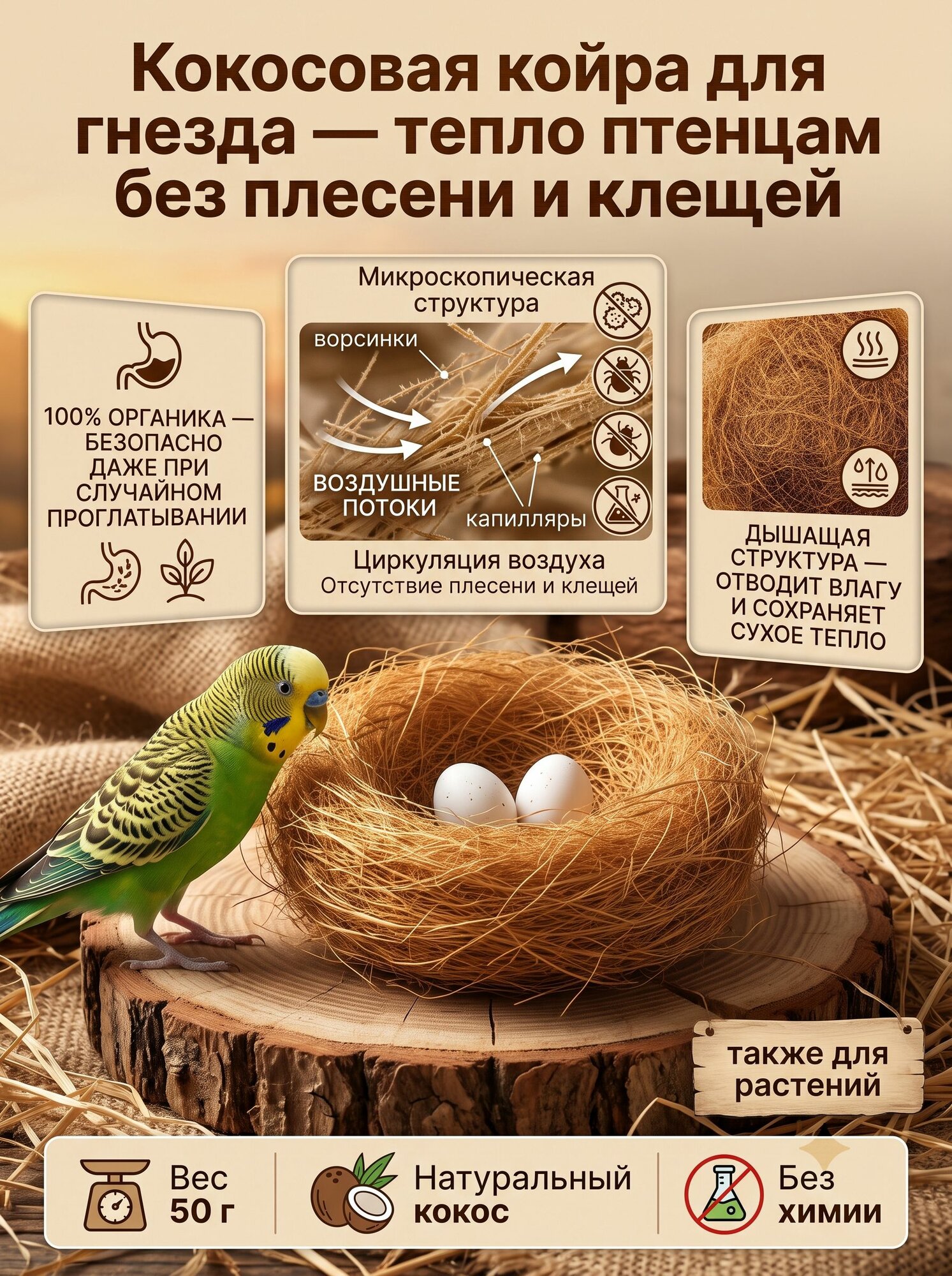Подстилка из кокосового волокна для гнезд птиц светло-коричневая для попугаев и грызунов
