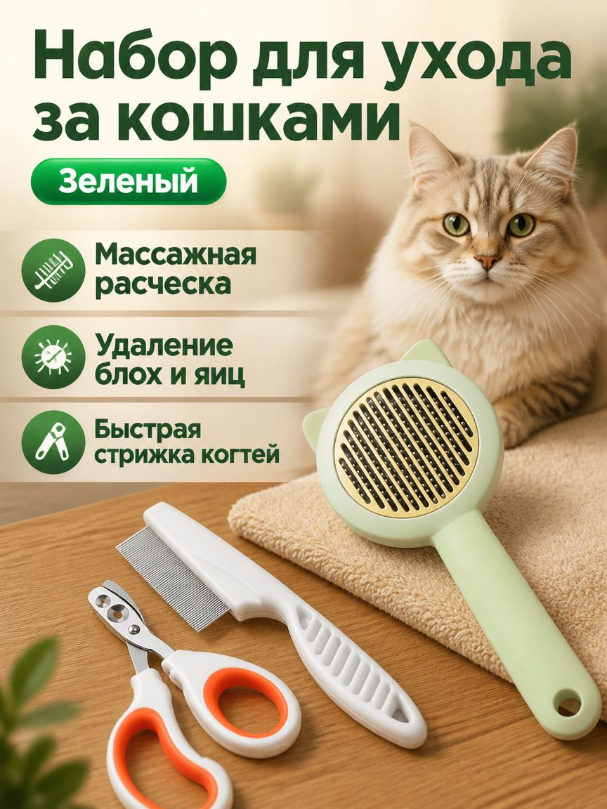 Комплект для ухода за котом из 2 предметов: массажная расческа с кошачьими ушками и когтерез с двумя отверстиями зеленый, оранжево-белый