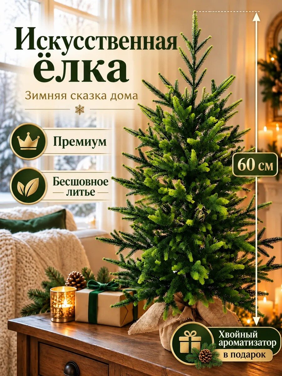 Мини елка настольная искусственная литая пышная 60 см, 94 ветки