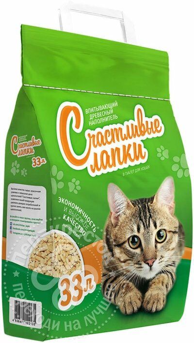 Счастливые Лапки Впитывающий древесный наполнитель для кошачьих туалетов, 33 л