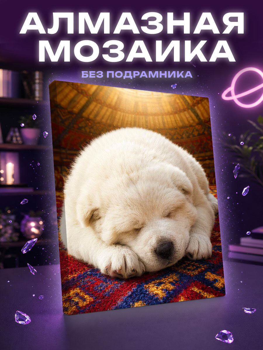 Алмазная мозаика щенок алабая на ярком ковре в интерьере