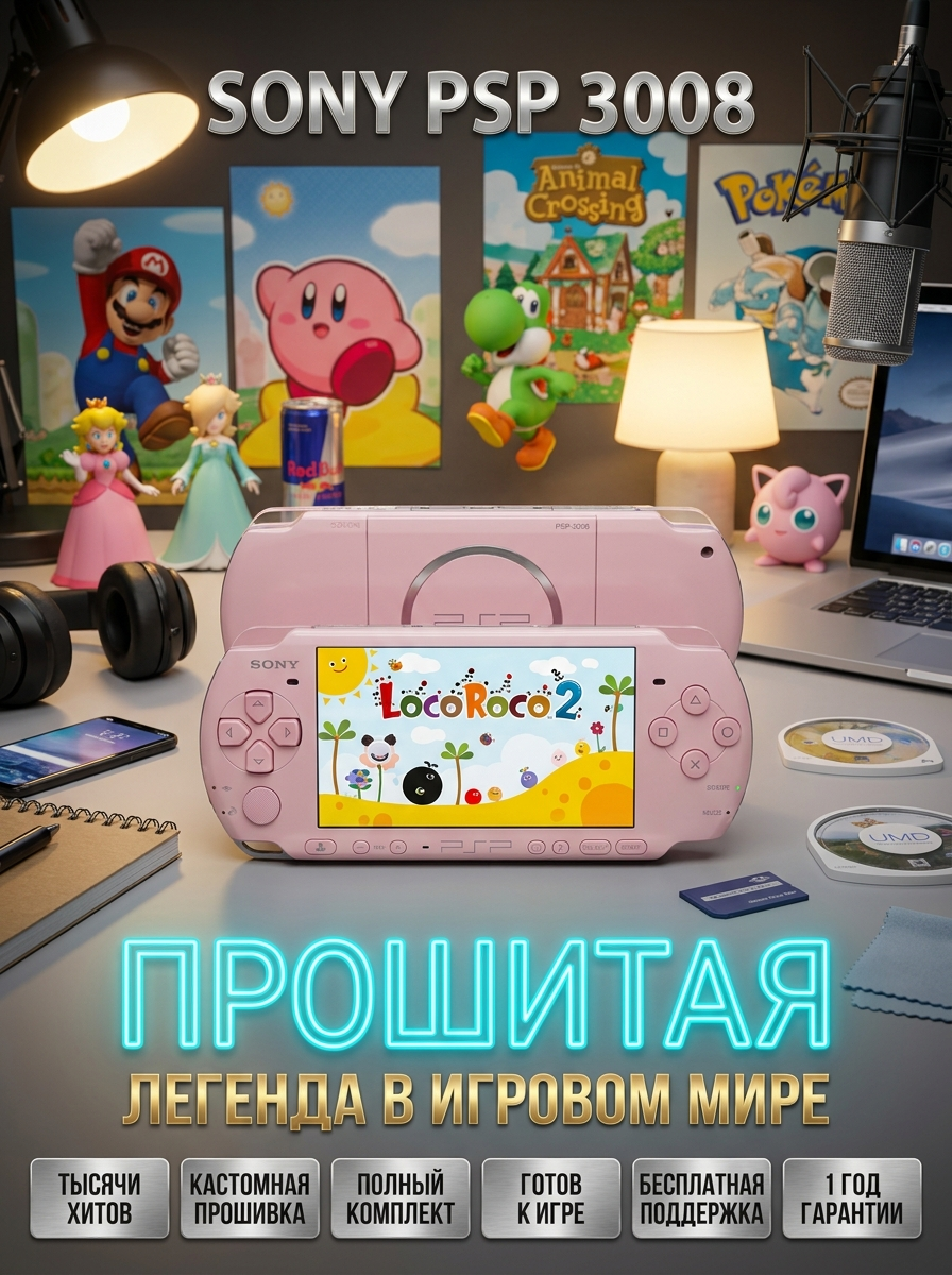 Новая игровая приставка Sony PSP 3008 Slim Pink 64Gb 3000+ ИГР