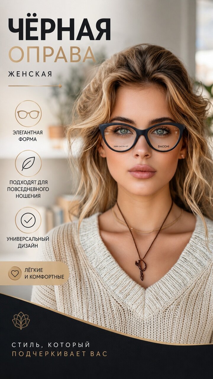 Оправа для очков Dacchi, цвет черный матовый, форма кошка, без диоптрий