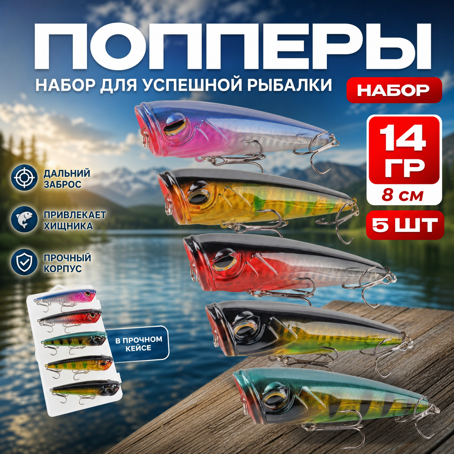 Набор воблеров-попперов на щуку, окуня, леща для успешной рыбалки 5 шт, 14 гр. (Цвет товара: разноцветный; Длина: 80 мм)