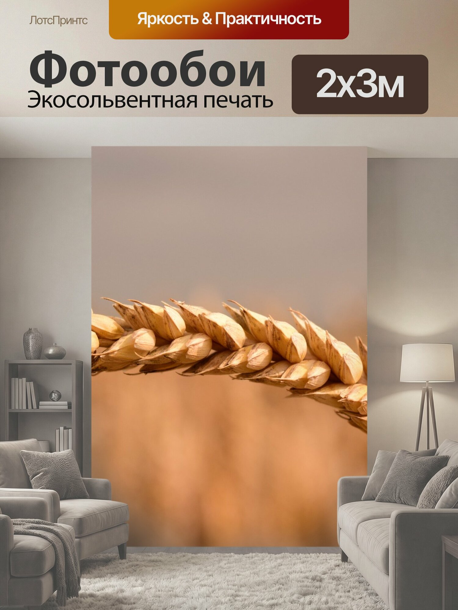 Фотообои "Пшеница, пшеничный колос, зерно" 200x300 см. экосольвентная печать