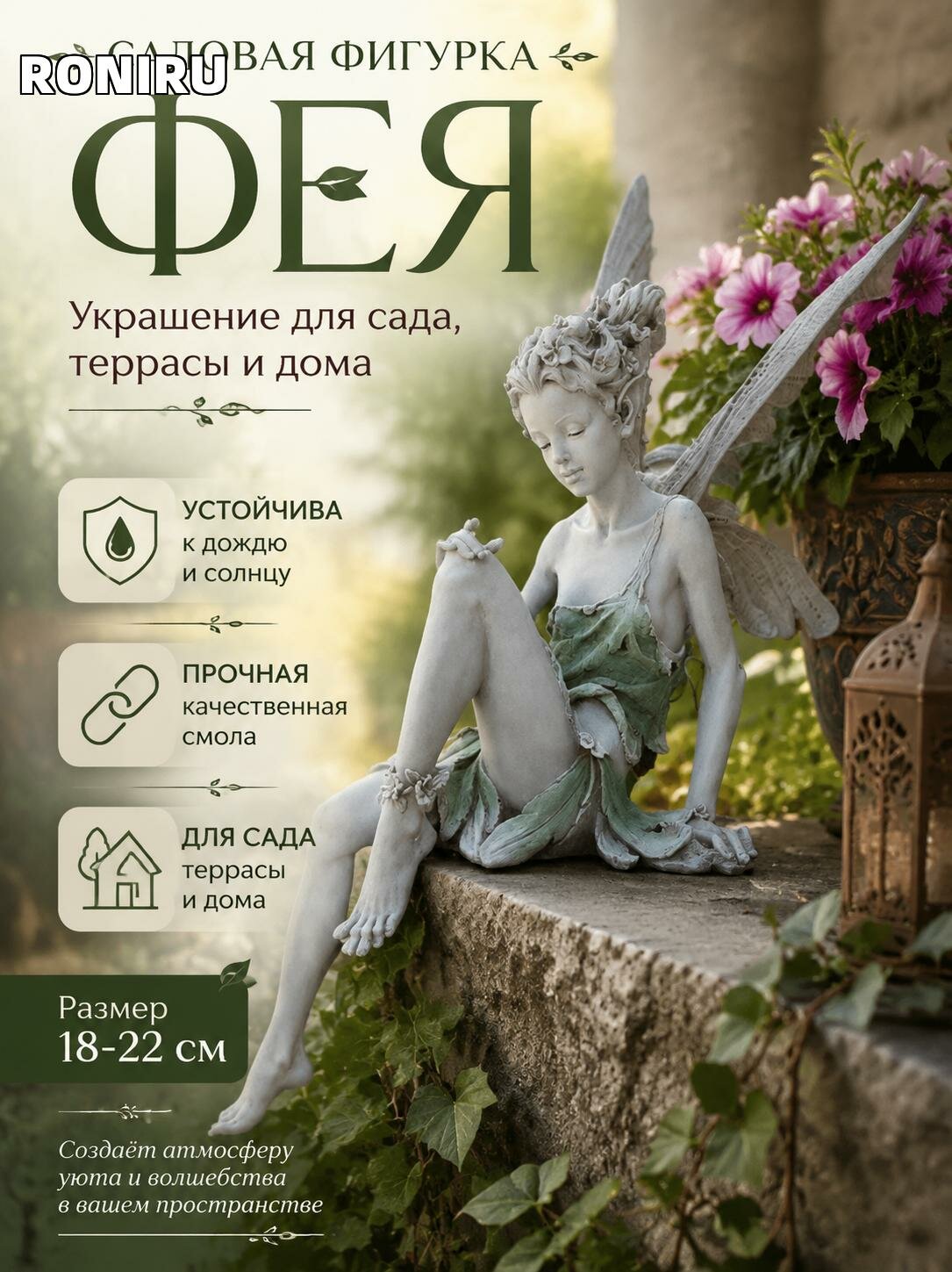 Садовая фигурка феи из прочной смолы - украшение для сада, террасы и дома, устойчивая к дождю и солнцу, 18-22 см