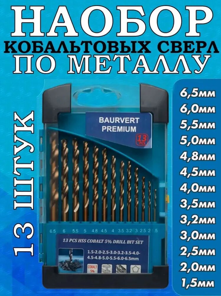 Набор сверл HSS (металлический материал)(1,5-6,5 мм.) 13 штук