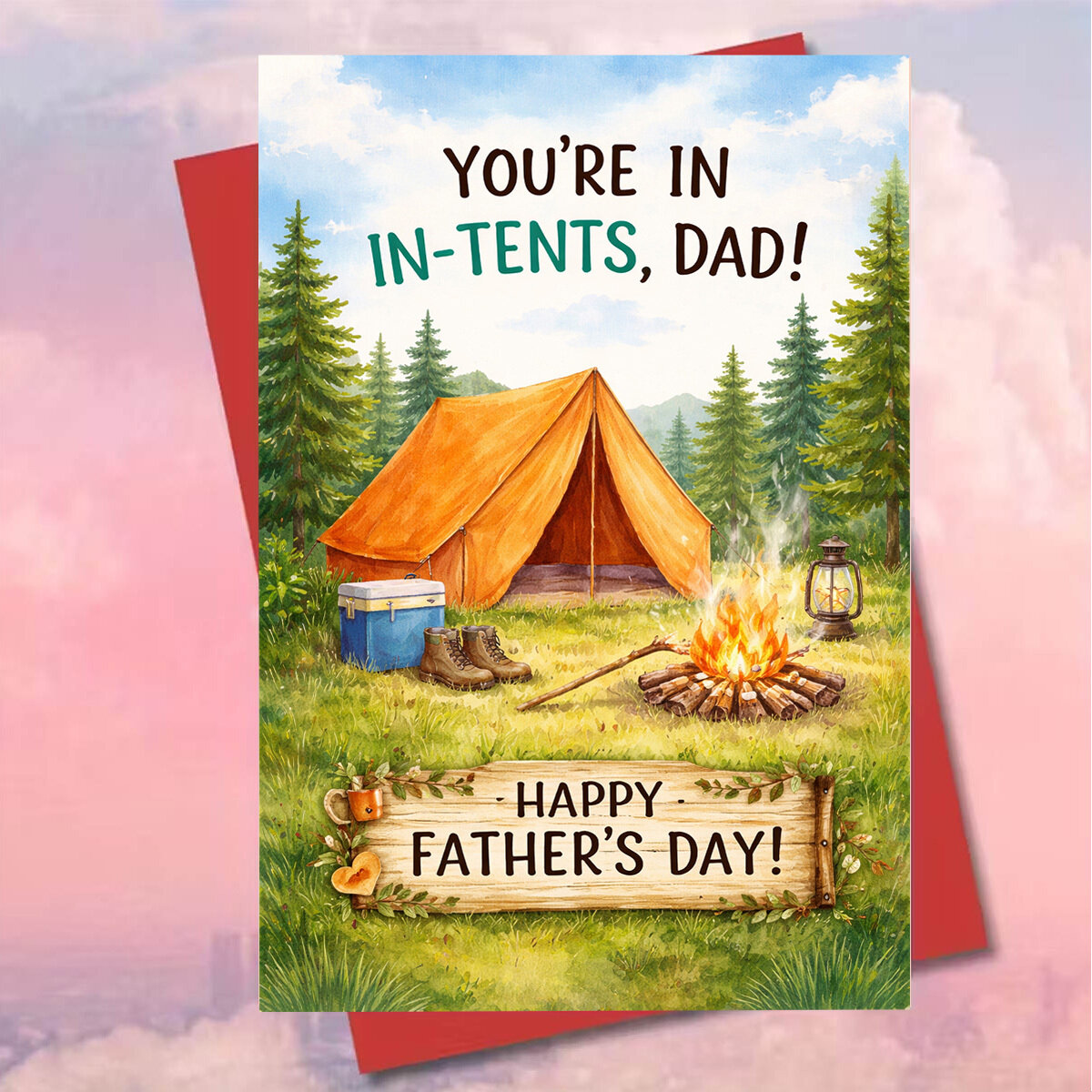 Открытка на День отца "YOU'RE IN TENTS, DAD! HAPPY FATHER's DAY!" с изображением лесной поляны, палатки, костра и снаряжения, красная