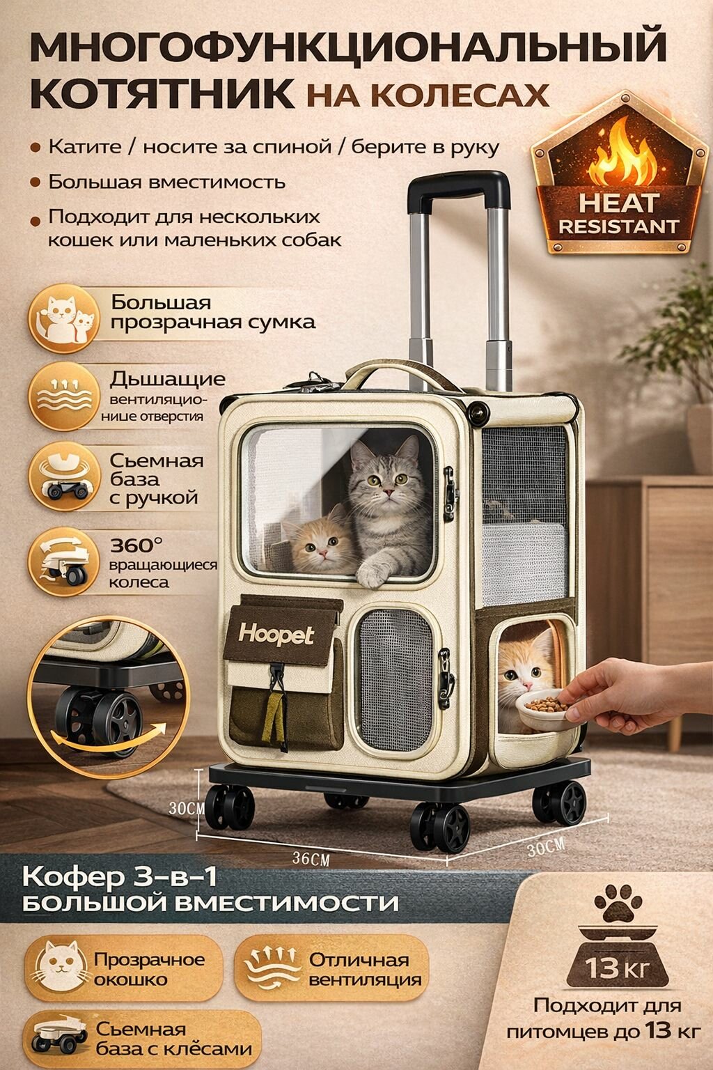 Сумка-переноска для кошек и собак с колесами и телескопической ручкой, рюкзак-тележка большого объема