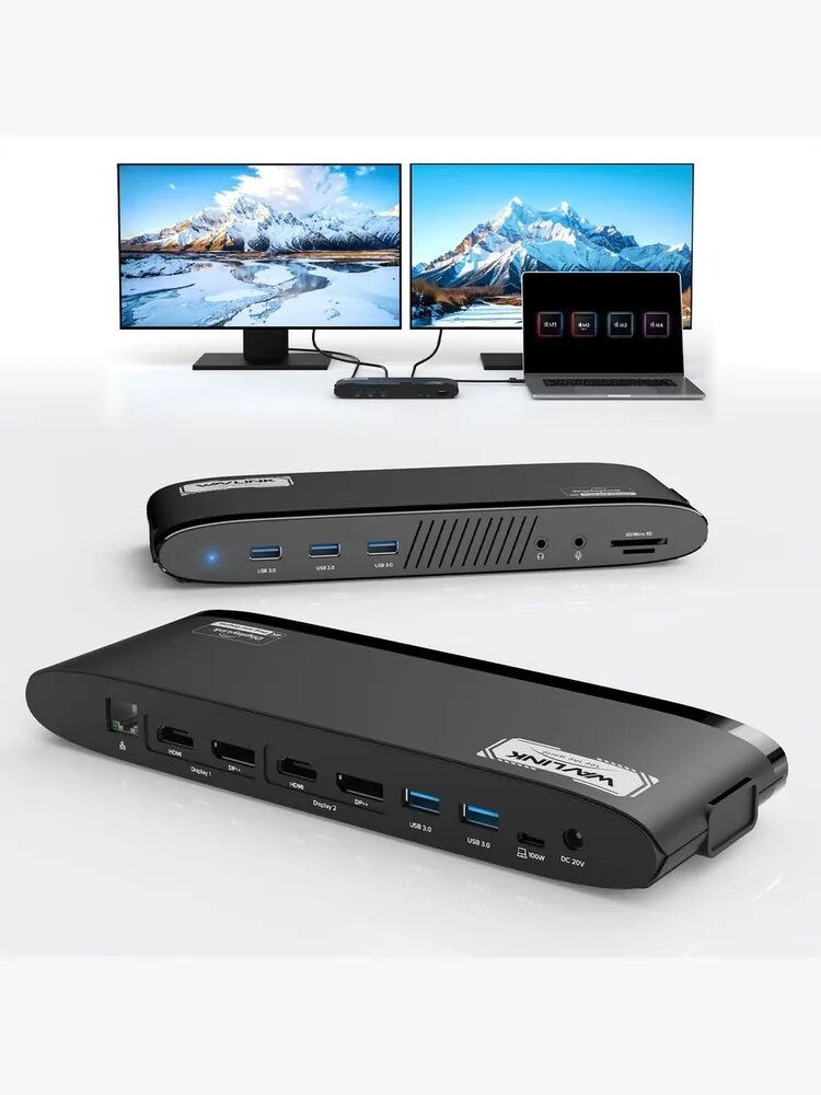Док-станция WAVLINK 14-в-1 DisplayLink с 2 портами DP, 2 HDMI, 5 портами USB, Ethernet, устройством для чтения карт SD/TF для Mac M1/M2/M3/M4 и Windows