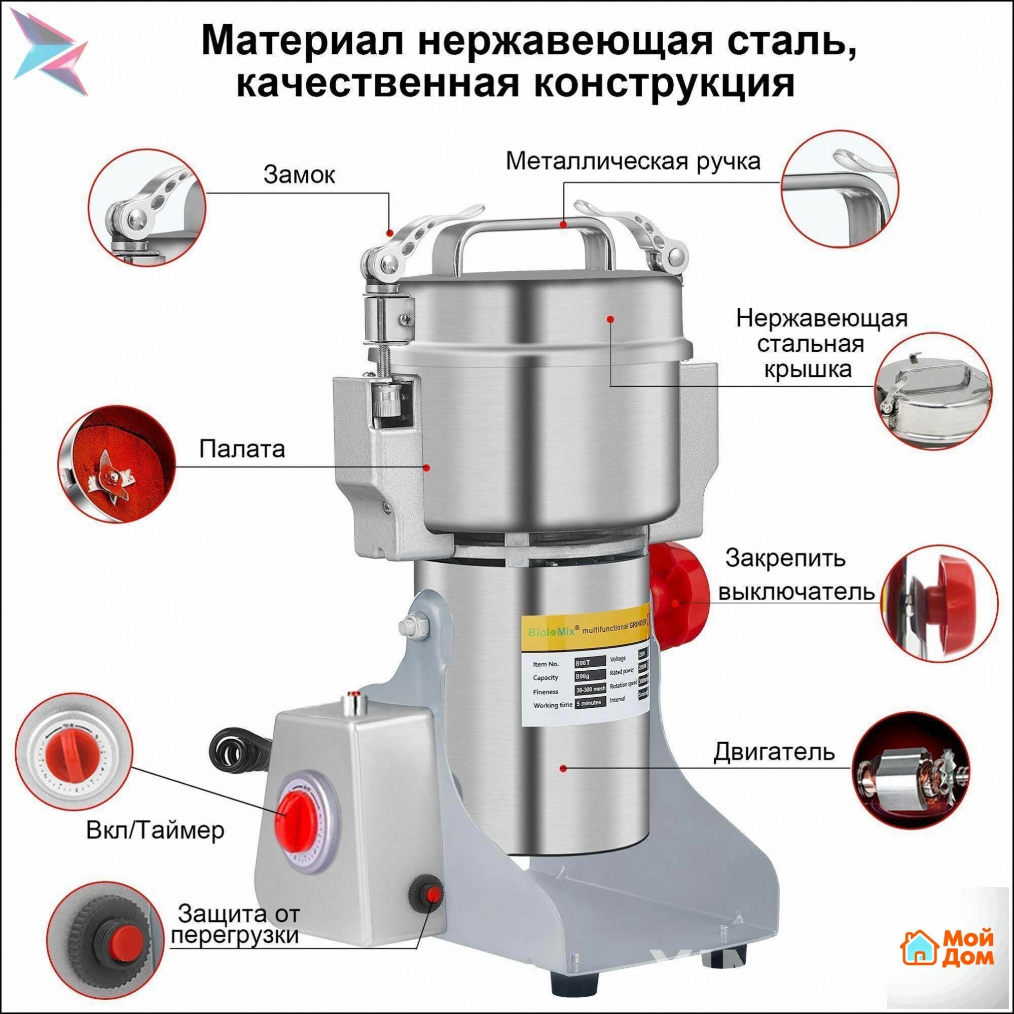 Кофемолка grain grinder 2500 Вт, объем 800 г