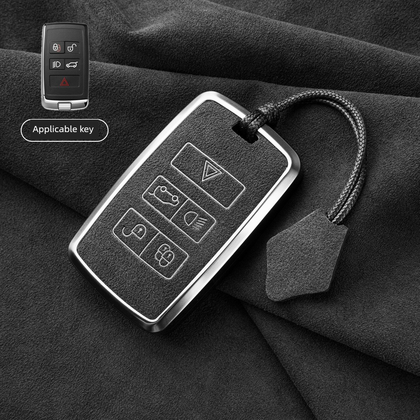 Чехол из Алькантары для ключей Land Rover Range Rover, Discovery 4/5, Velar, Evoque, Defender — Серо-черный простой