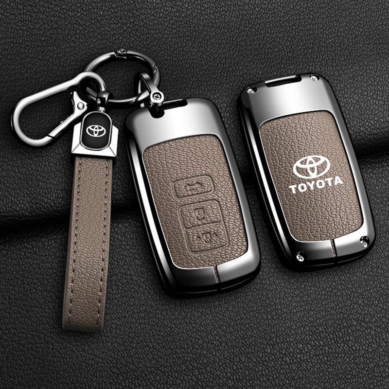 Кожаный чехол для ключей Toyota D модель 2-кнопочный с козьим узором черный и А09 шнуром с замком