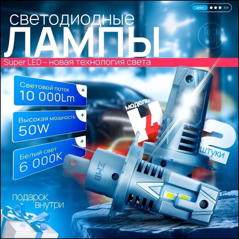 Лампа автомобильная H4, 2 шт. арт. Светодиодные лампы ZMB SUPER LED L1 H4