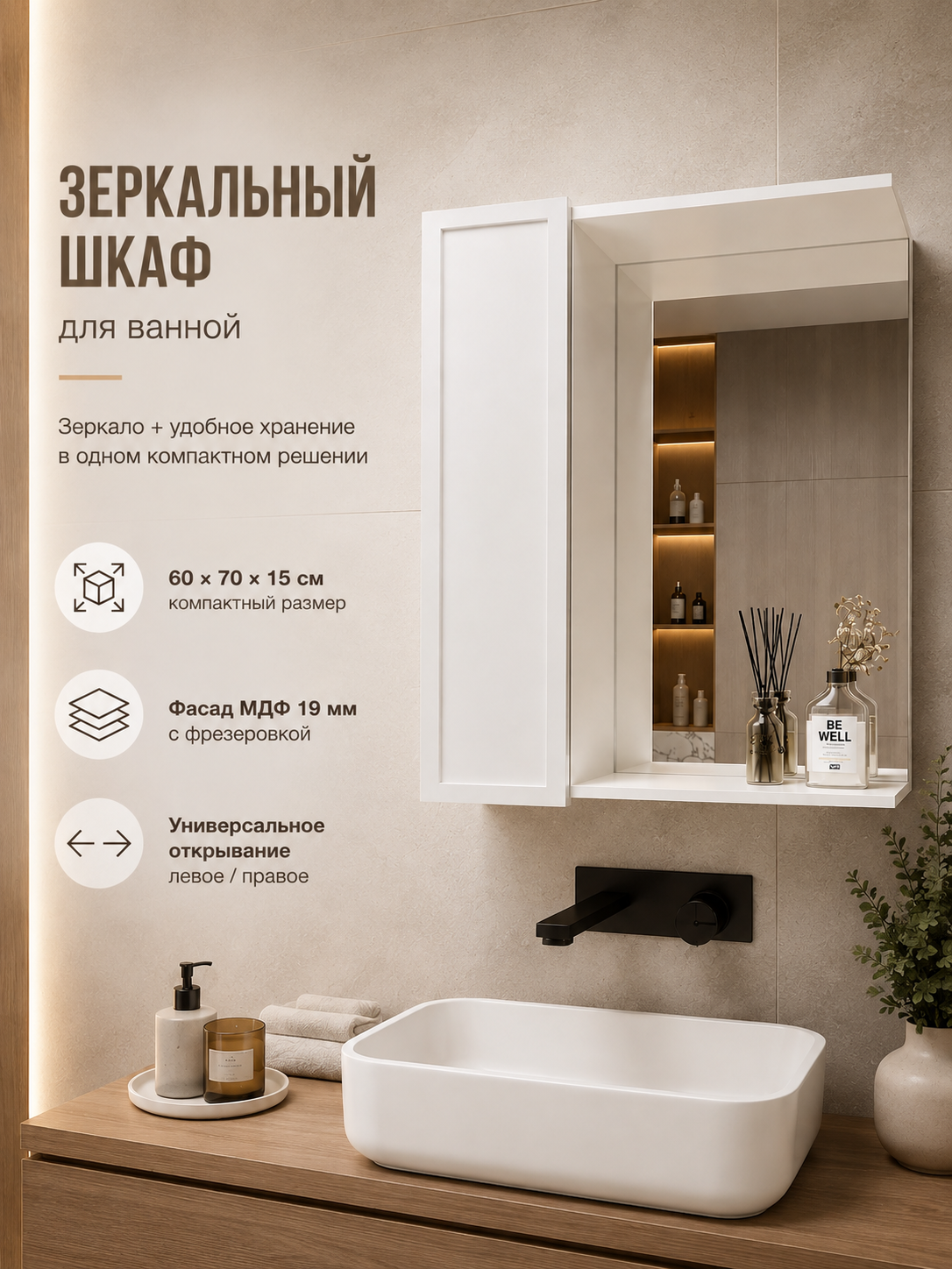 Шкаф-зеркало белый, ЛДСП, МДФ, для ванной, прихожей, гардеробной