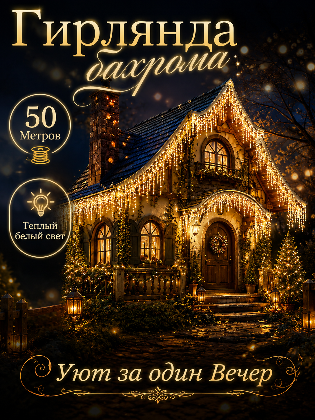 Гирлянда бахрома ДОМ В деталях, 50м, уличный, тёплый белый, IP44