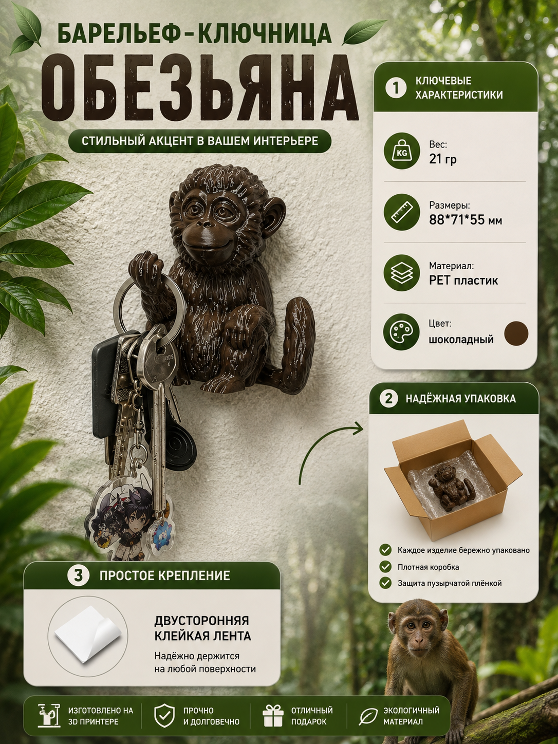 Статуэтка барельеф ключница -Обезьяна