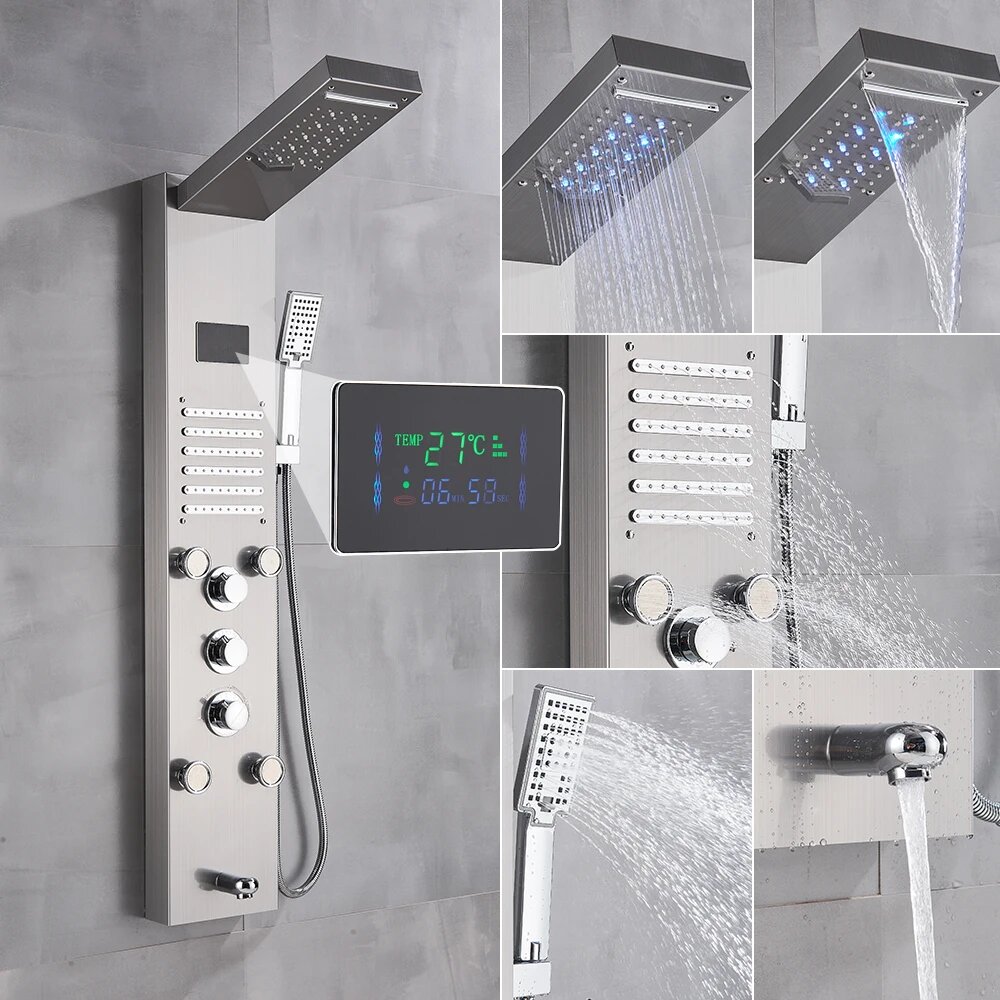 Панель душевой "Golden Black Shower" со стеновым дождевым водопадом, смесителем для душа, набором для ванной, aps душевыми форсунками, пластиковым ручным душем