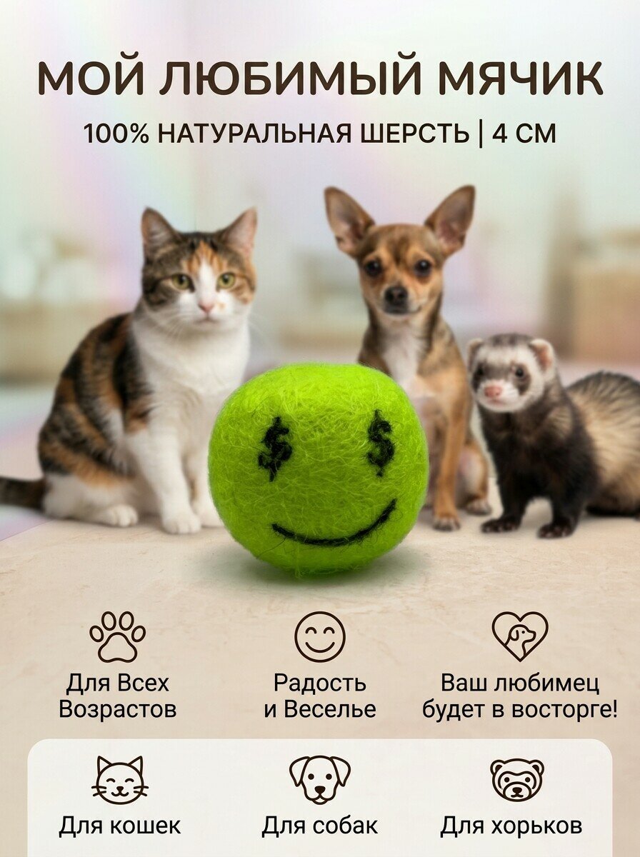 Мяч-когтеточка из шерсти для кошек и собак LIVEZOO Smile Доллар 4 см