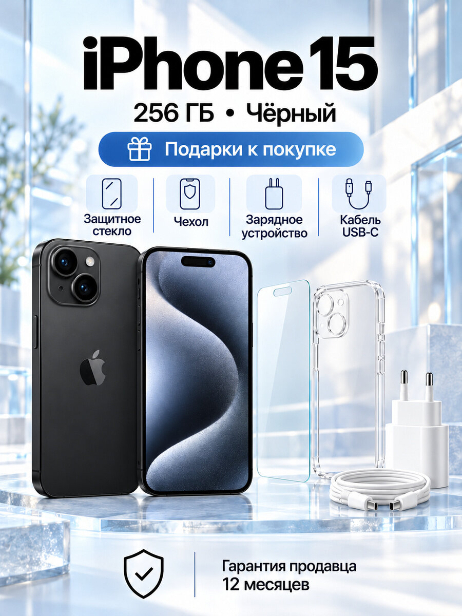 Смартфон Apple iPhone 15 256 ГБ, чёрный, A16 Bionic, 2 Nano-SIM