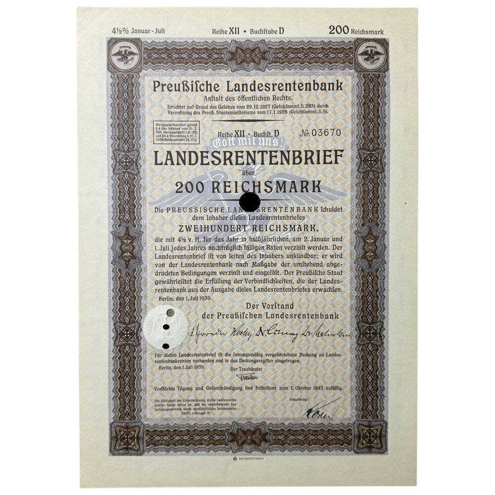 Третий Рейх, Preussische Landesrentenbank, рентный сертификат на 200 марок 1939 г. (Серия XII, D)