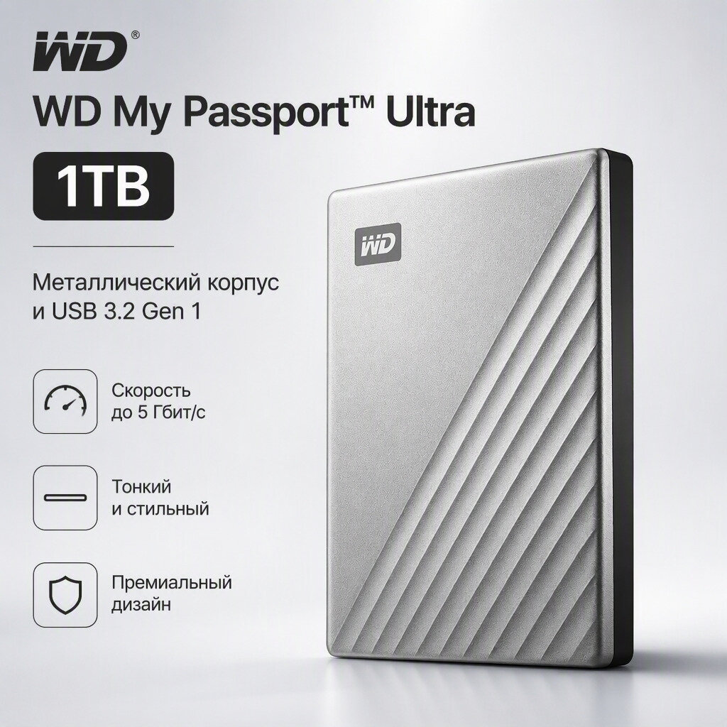 Внешний жесткий диск Western Digital WD My Passport Ultra 1ТБ 2,5" USB 3.0 HDD, Серебро