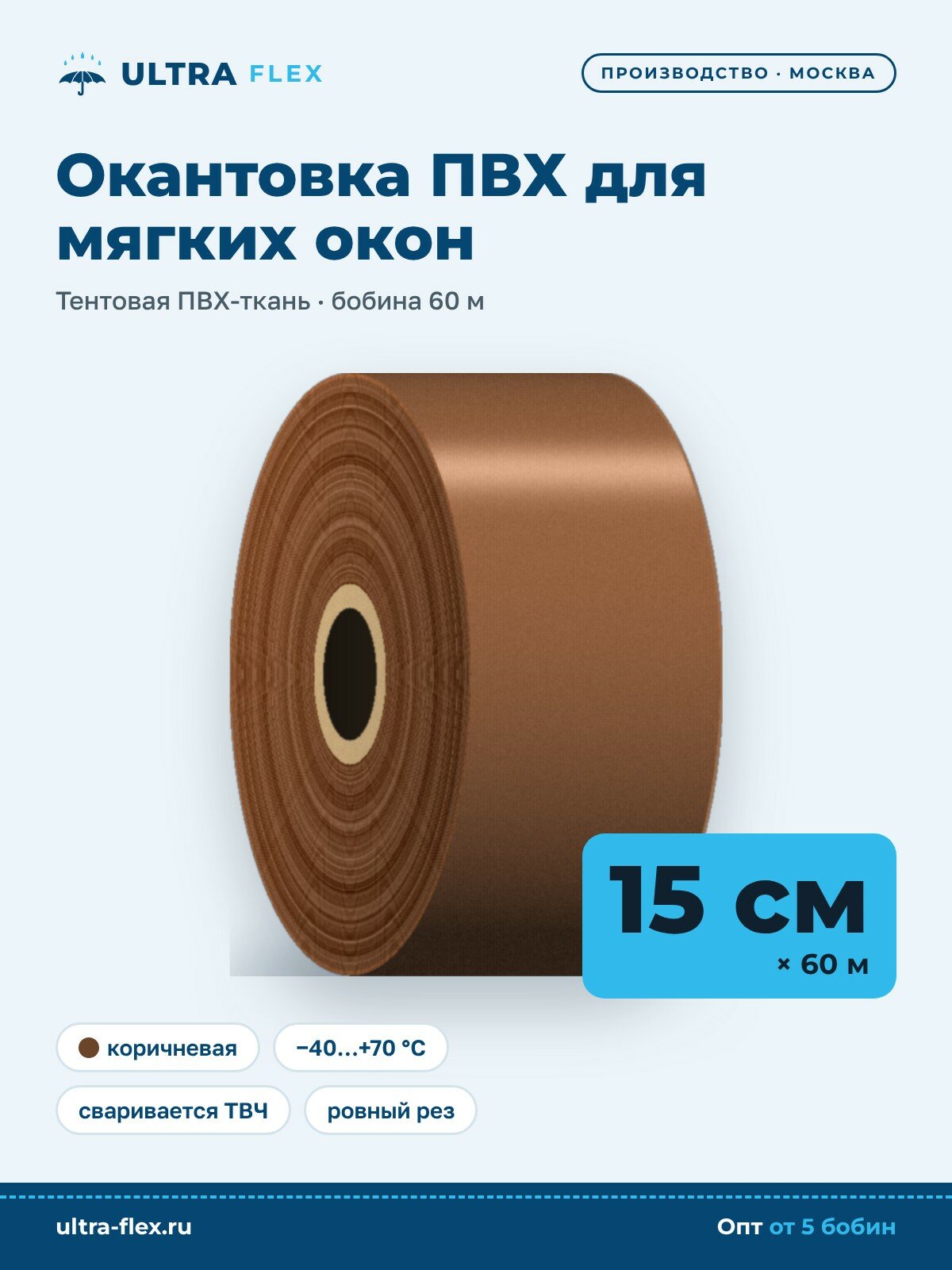 Окантовка ПВХ для мягких окон 15 см × 60 м, коричневая, тентовая ткань 630 г/м²