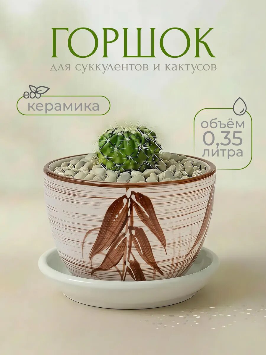 Горшок для цветов, керамика/глина, с поддоном, дренажное отверстие, 0.35 л,
